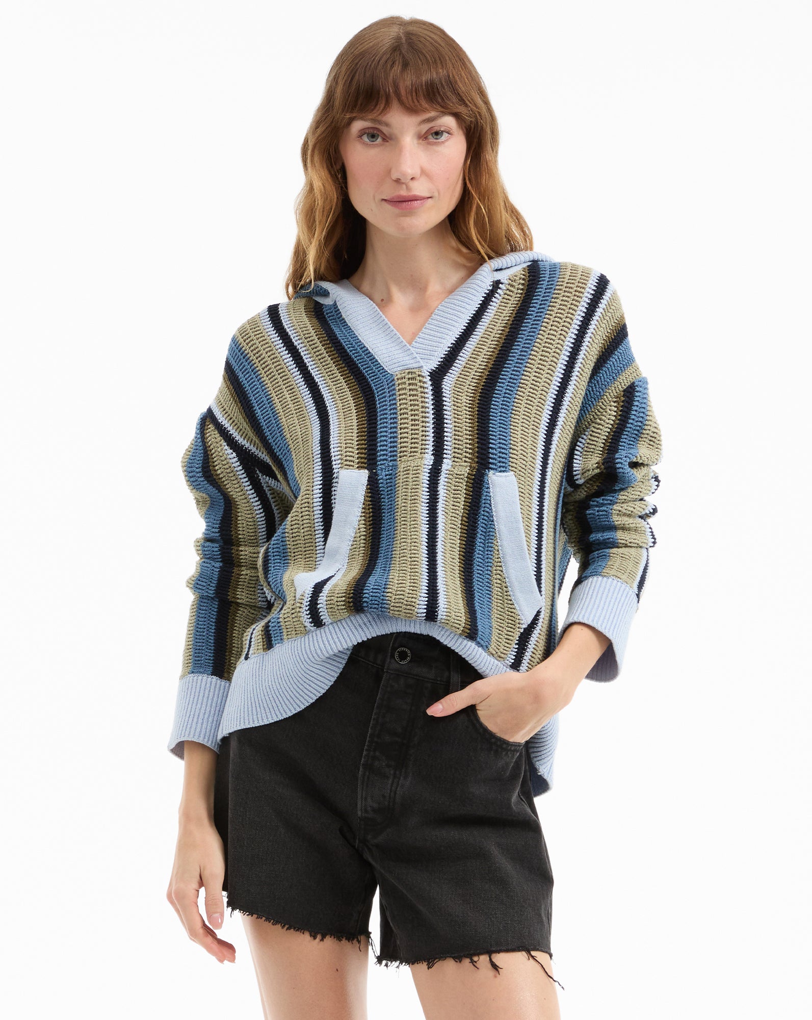 Daisha Knit Hoodie Sweater in Green & Blue Stripes Stone Army/Lake Mist Multi | Veronica Beard