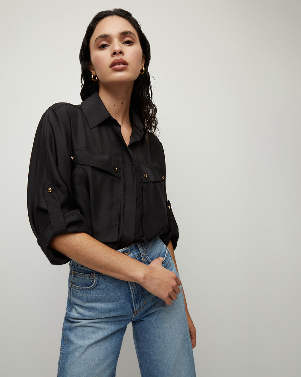 Jada Black Silk Button-Down Top | Veronica Beard