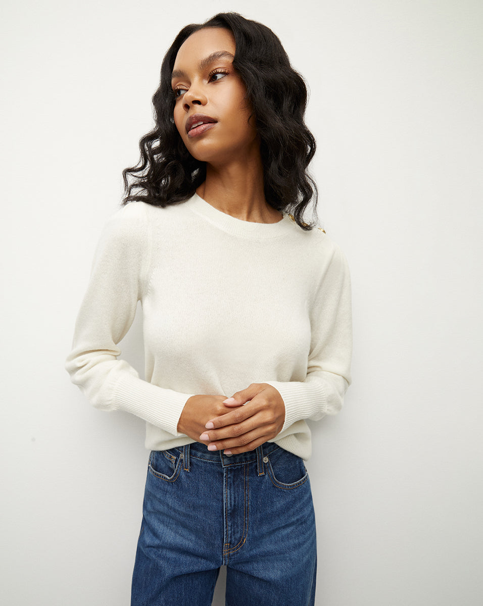 Nelia Cashmere Pullover | Button Accent in Ivory | Veronica Beard