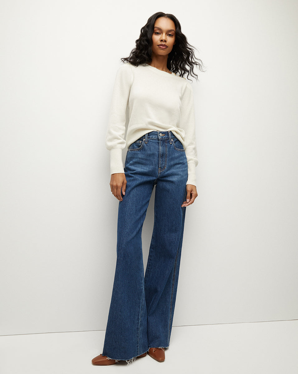 Nelia Cashmere Pullover | Button Accent in Ivory | Veronica Beard