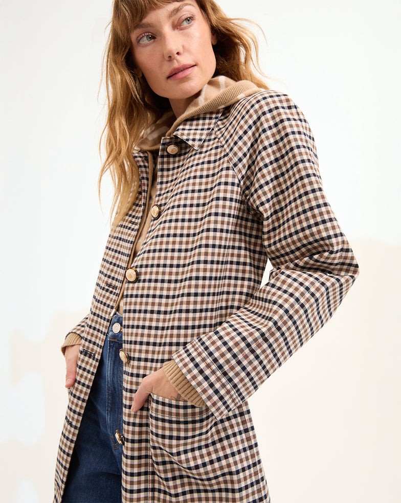 Quinton Long Coat in White & Brown Plaid | Veronica Beard