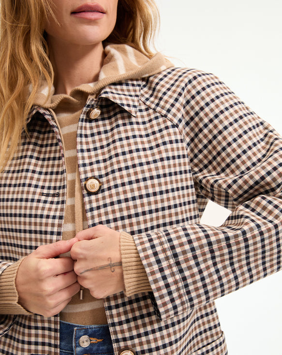 Quinton Long Coat in White & Brown Plaid | Veronica Beard