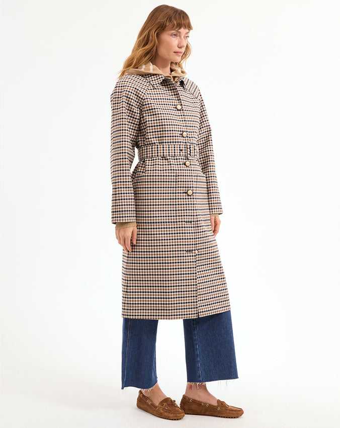 Quinton Long Coat in White & Brown Plaid | Veronica Beard