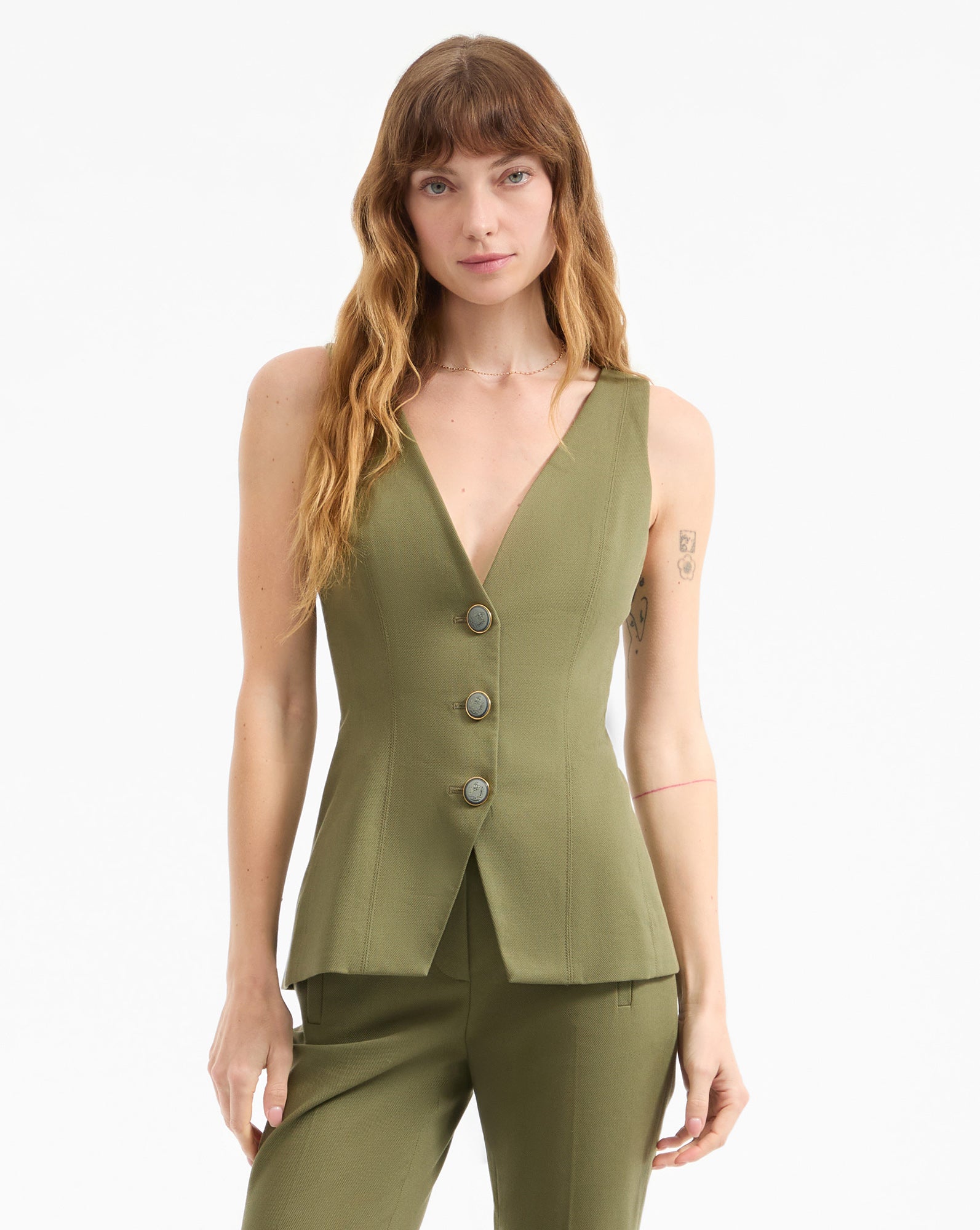 Avalina Button-Up Vest in Stone Army Green | Veronica Beard
