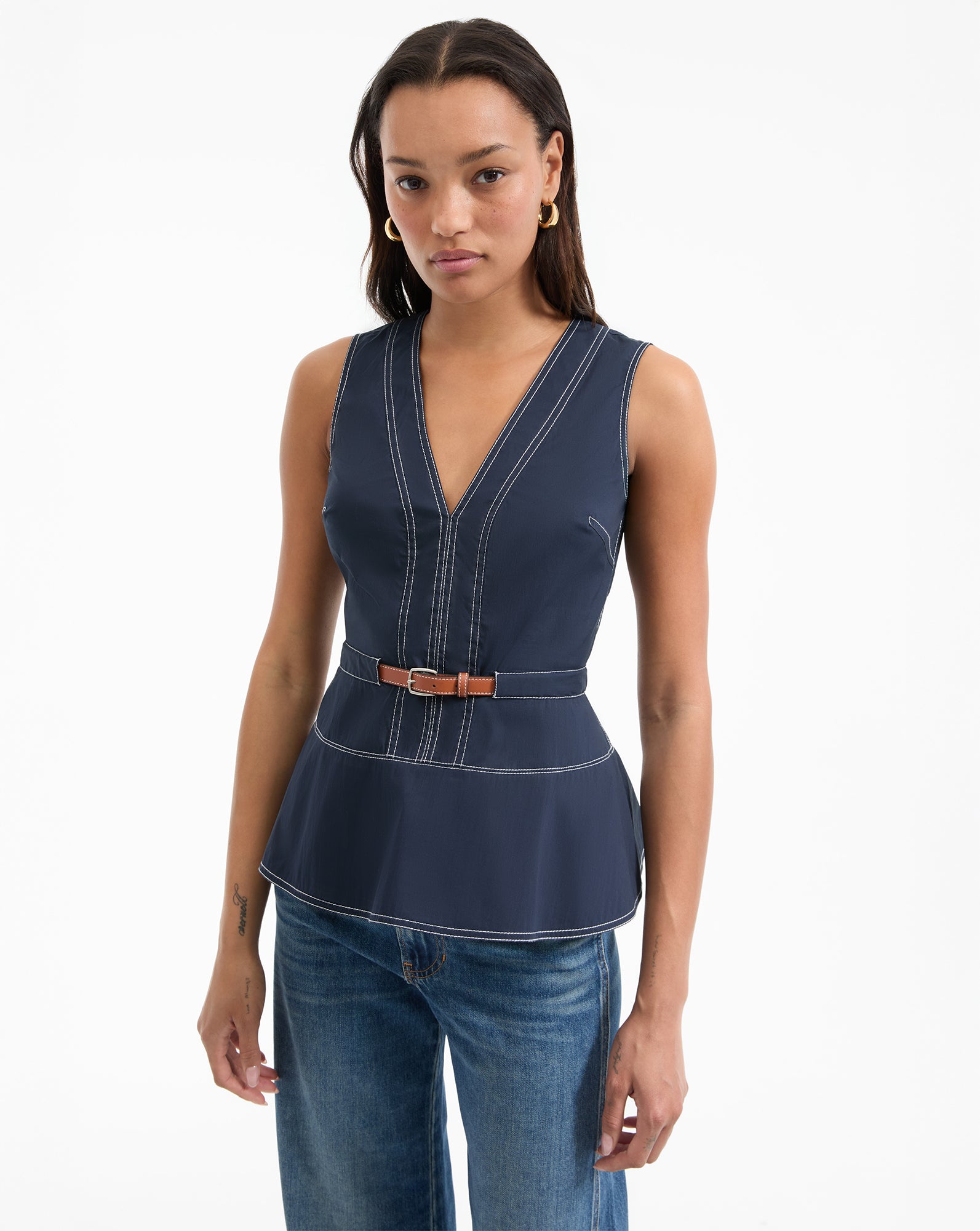 Nickleby Belted Peplum Top in Navy | Veronica Beard