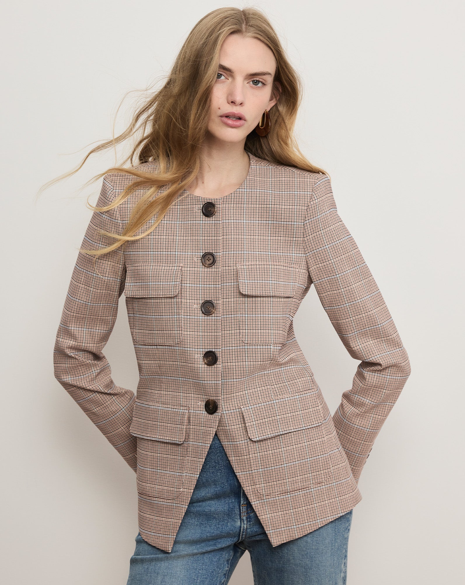Orrin Slim Plaid Blazer Jacket in Brown & Blue Plaid | Veronica Beard