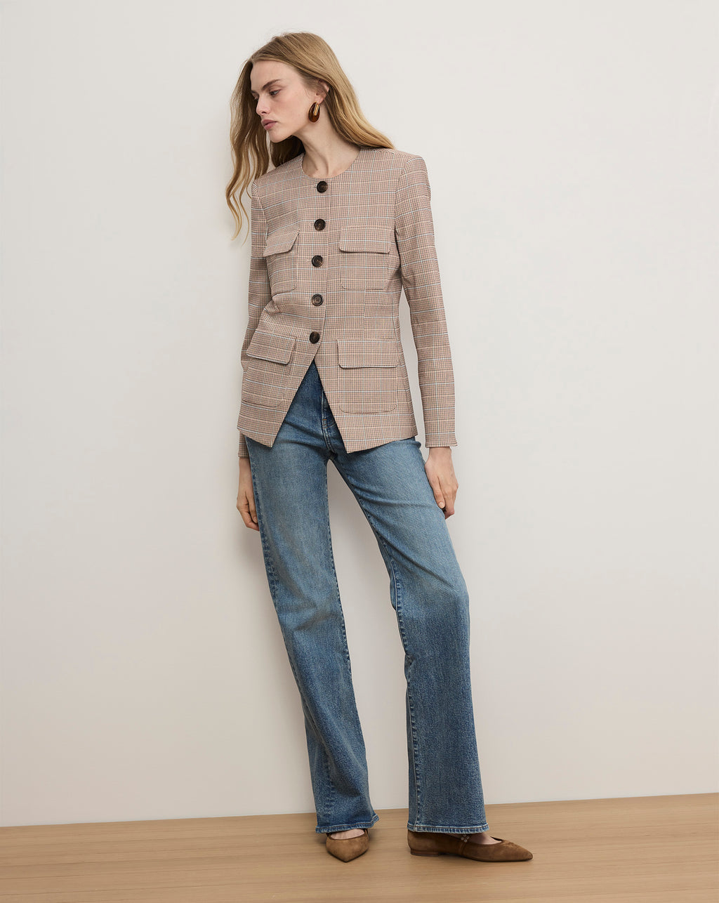 Orrin Slim Plaid Blazer Jacket in Brown & Blue Plaid | Veronica Beard
