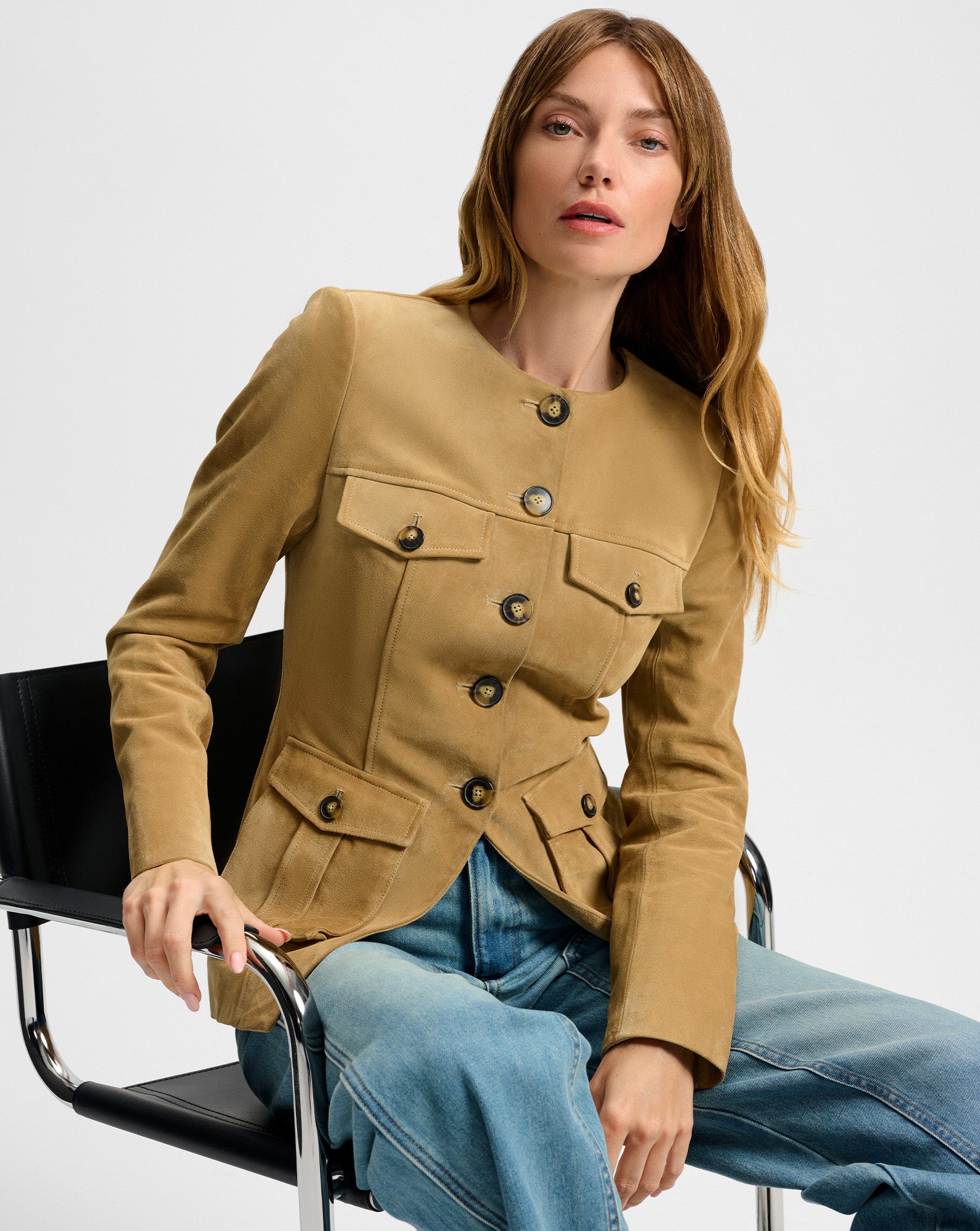 Orrin Suede Jacket in Beige Desert Khaki | Veronica Beard