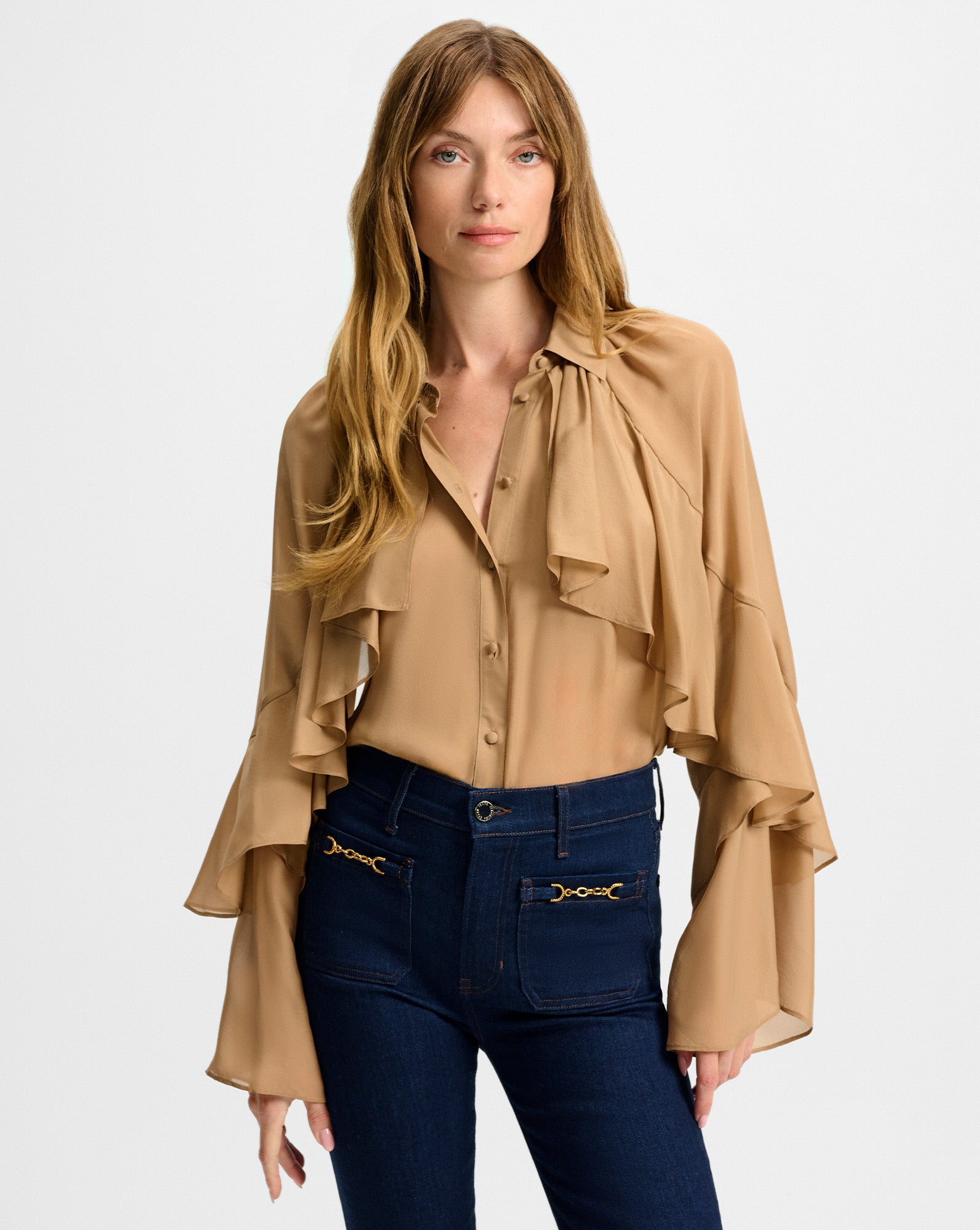 Demaris Ruffled Button-Down Blouse in Beige Brown Sugar | Veronica Beard