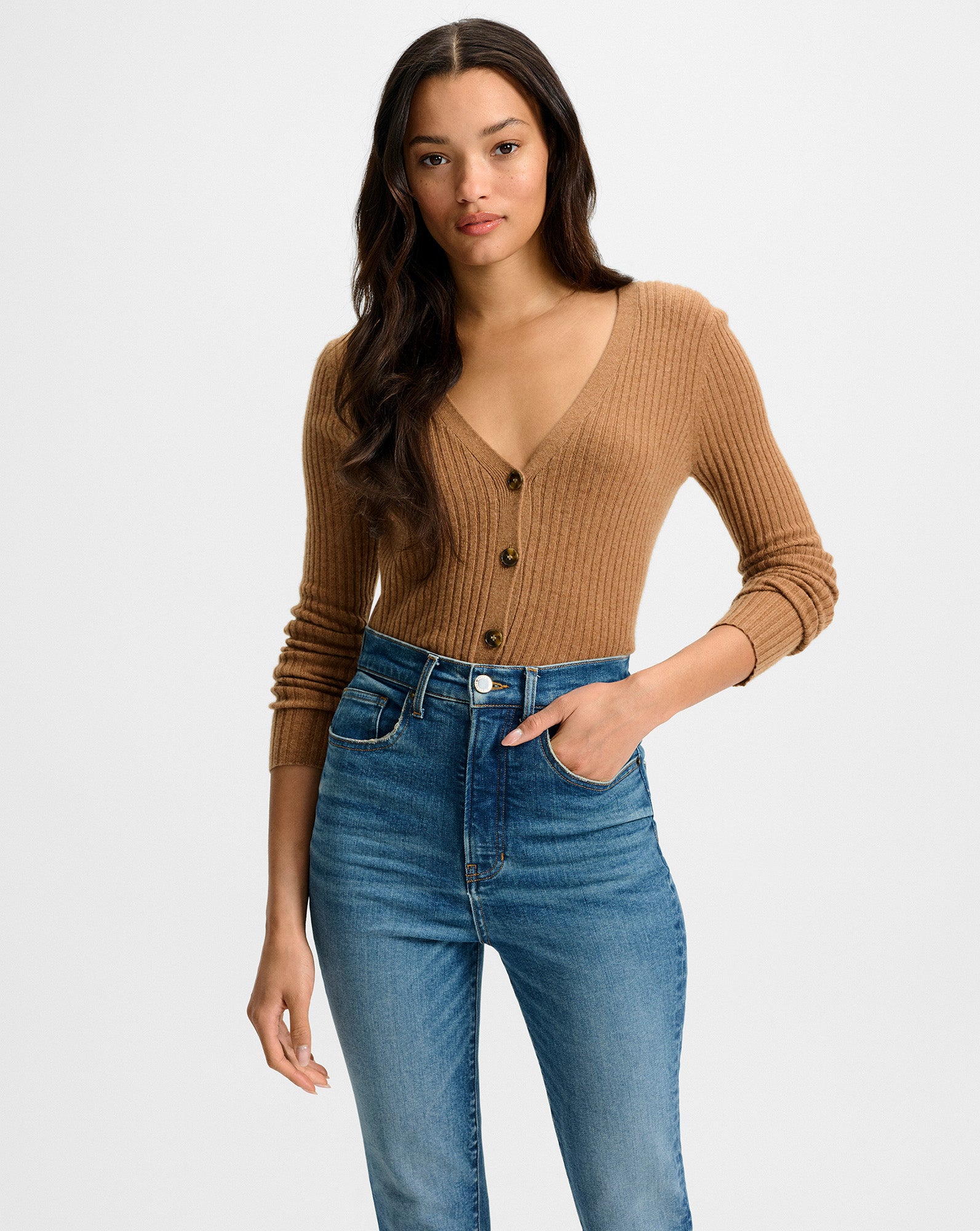 Thelma Cashmere Cardigan in Tan Dark Acorn Melange | Veronica Beard