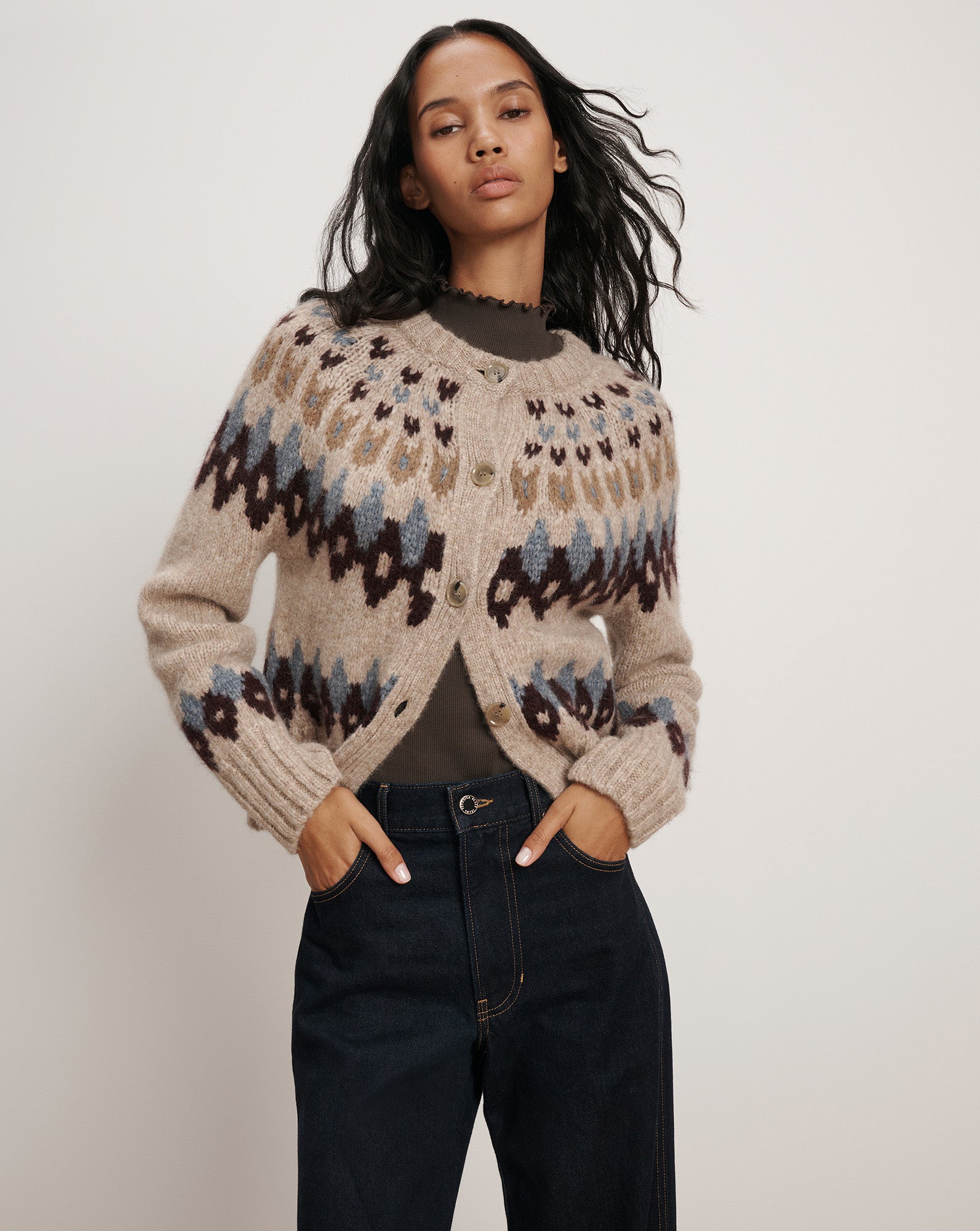 Christina Fairisle Cardigan in Oatmeal Beige Melange Multi | Veronica Beard