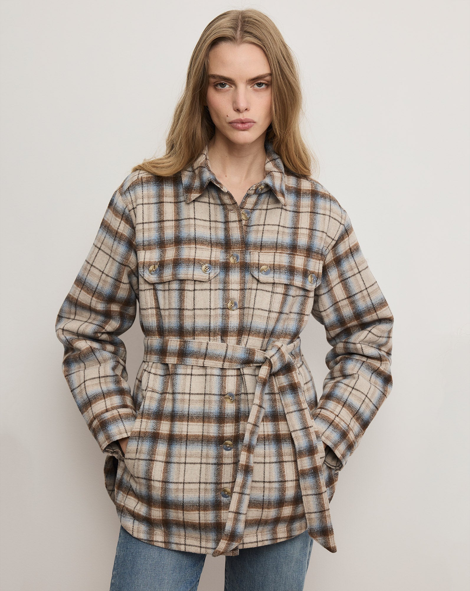 Mikaela Belted Shacket in Whisky Multi Plaid | Veronica Beard