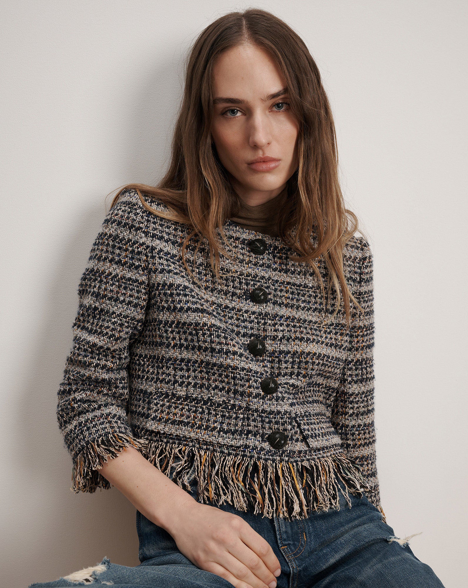 Lyons Fringe Jacket in Navy Tweed Multi | Veronica Beard