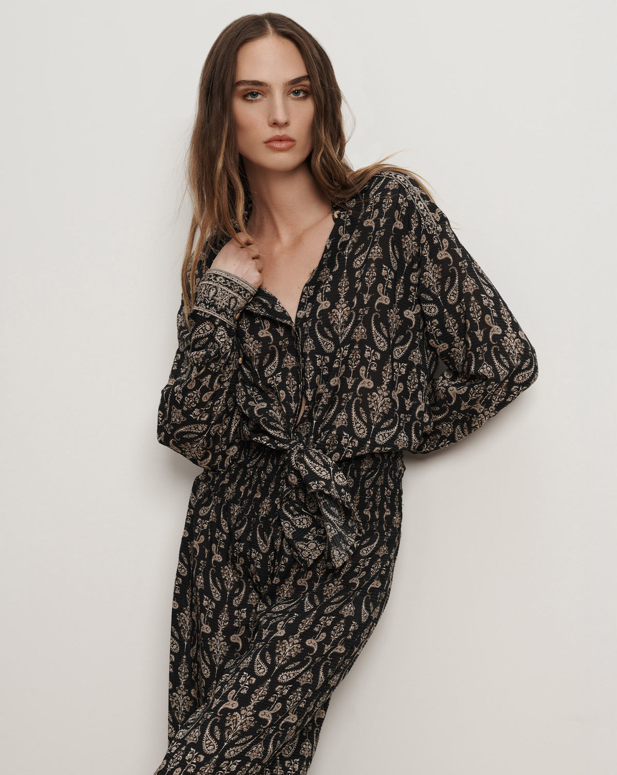 Lloyd Paisley Button-Down Shirt in Black Multi | Veronica Beard