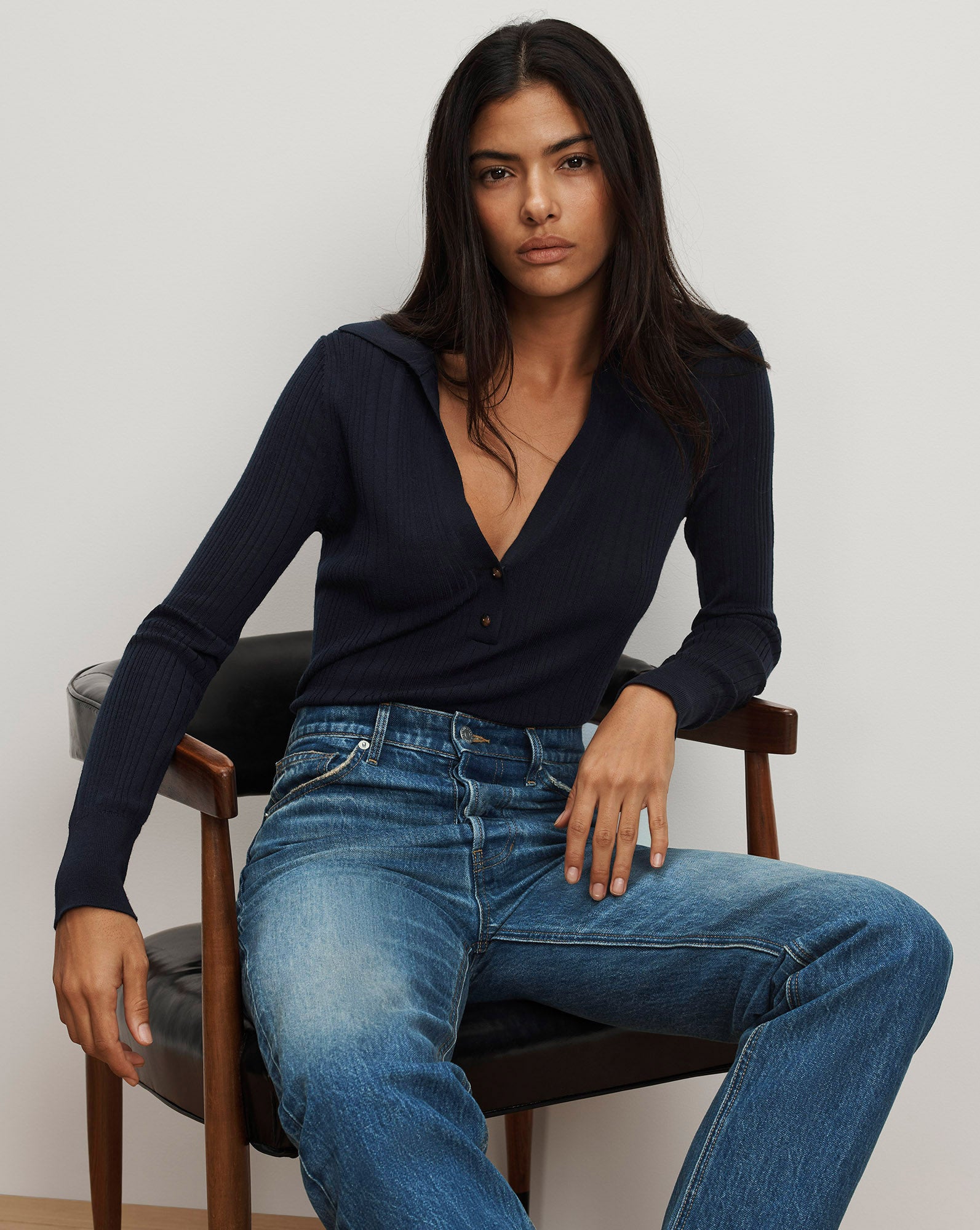 Rouni Merino Wool Collared Pullover in Navy | Veronica Beard