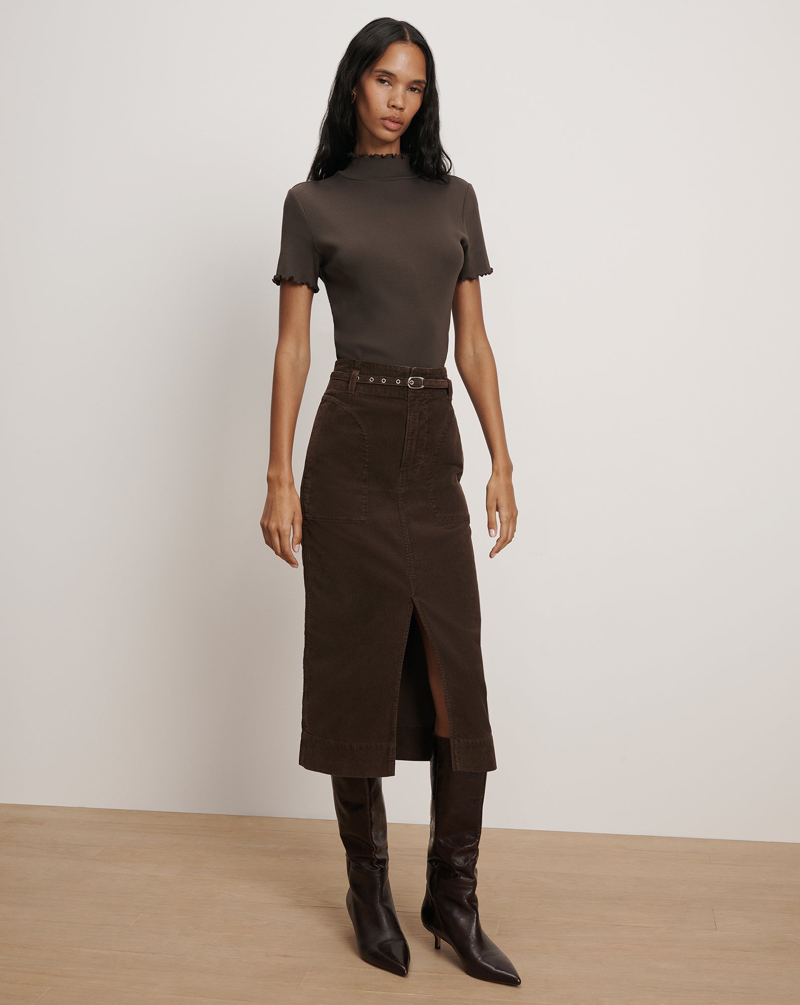Pavana Corduroy Midi Skirt in Dark Brown Umber | Veronica Beard