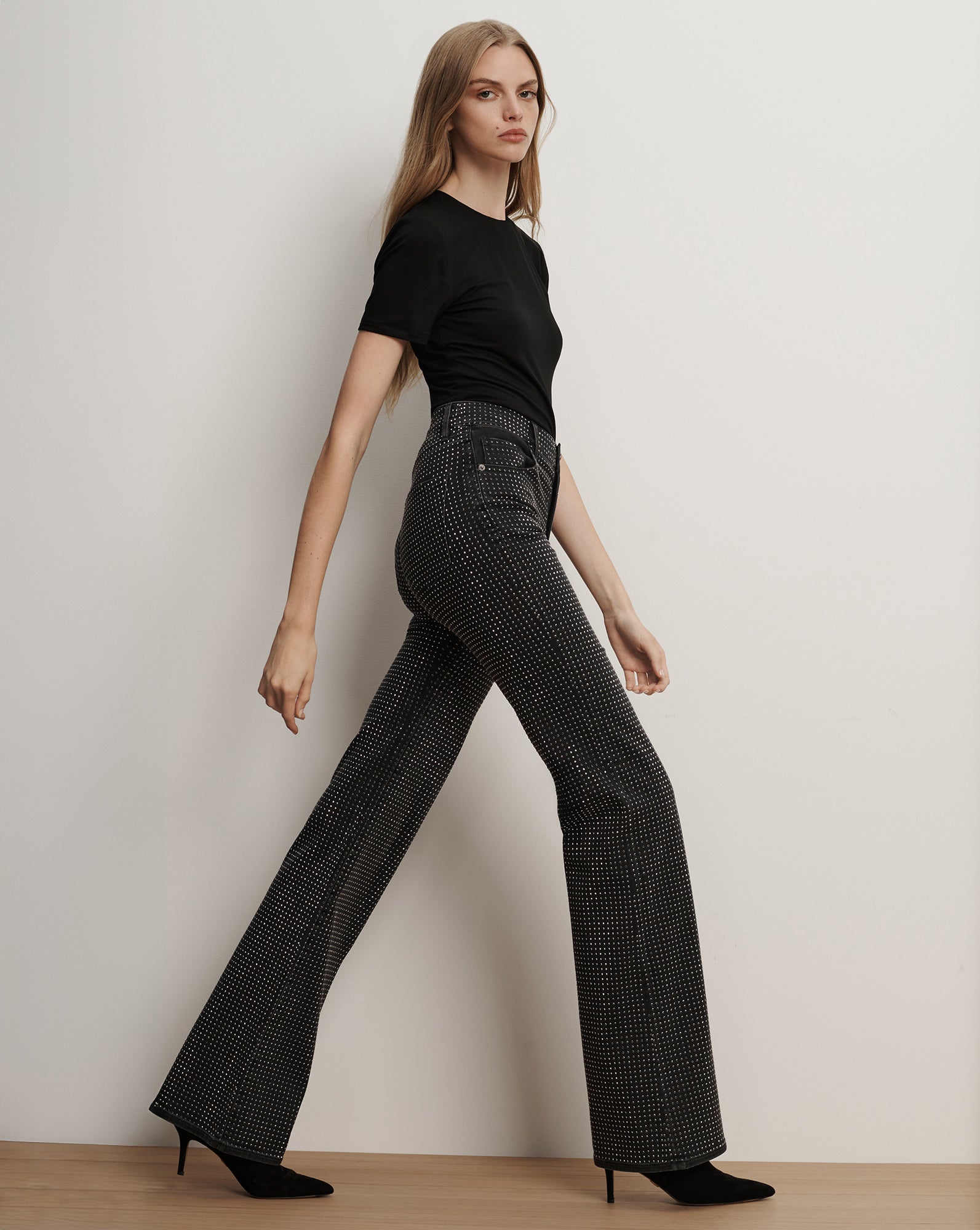Crosbie Rhinestone Slim Wide-Leg Jean in Black Washed Onyx | Veronica Beard