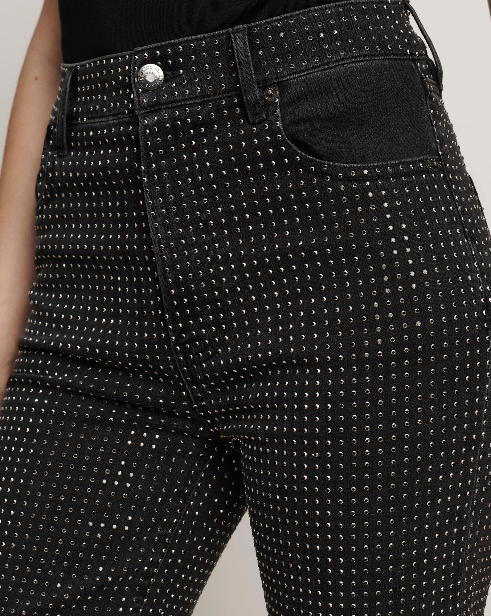 Crosbie Rhinestone Slim Wide-Leg Jean in Black Washed Onyx | Veronica Beard