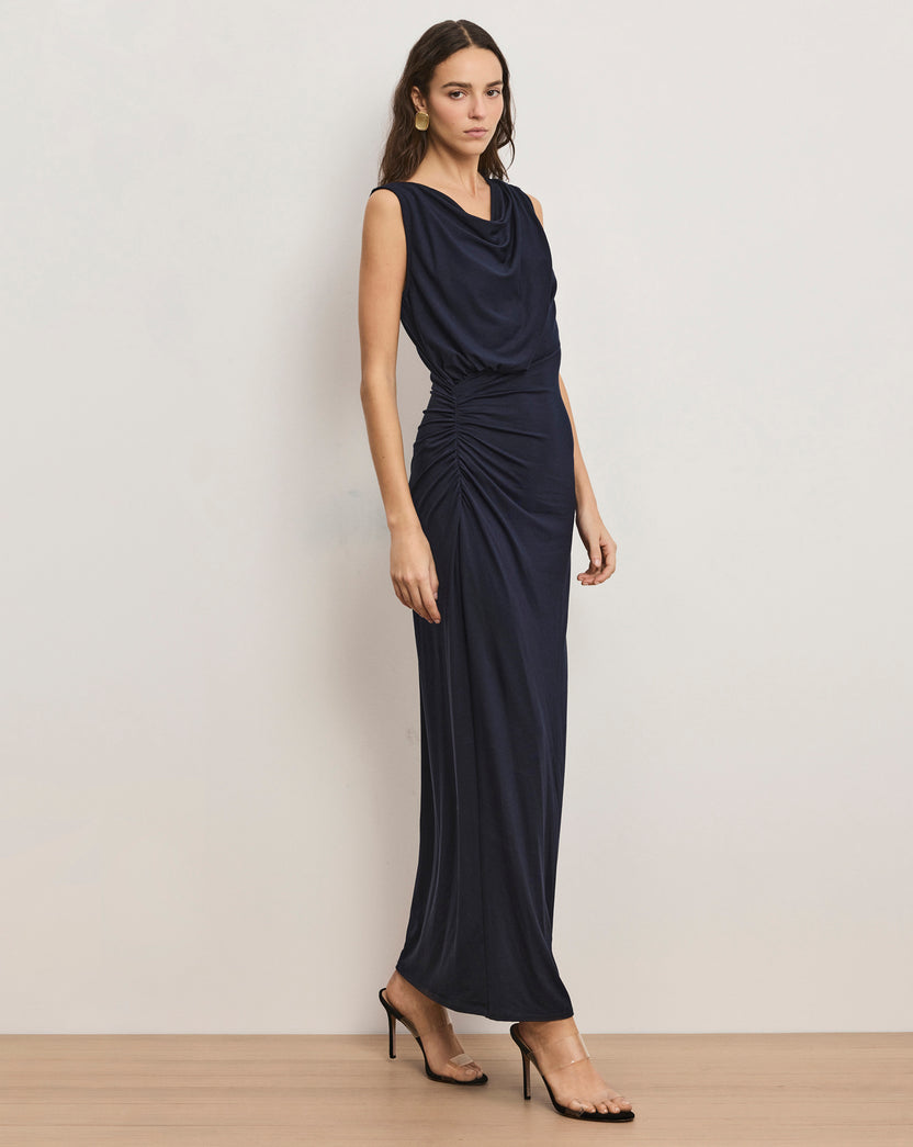 Kerilyn Ruched Cowl Neck Maxi Dress in Navy | Veronica Beard