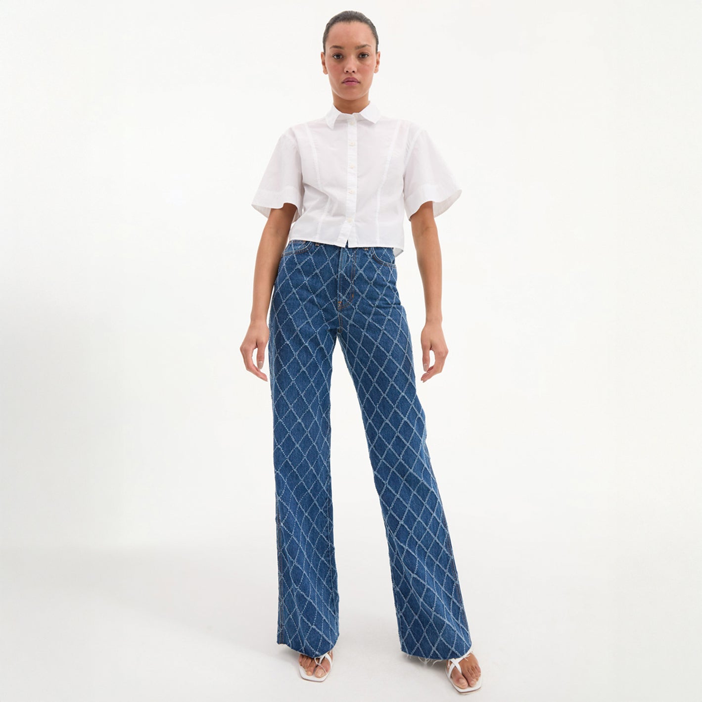 Taylor Diamond Printed Wide-Leg Jeans in Blue | Veronica Beard