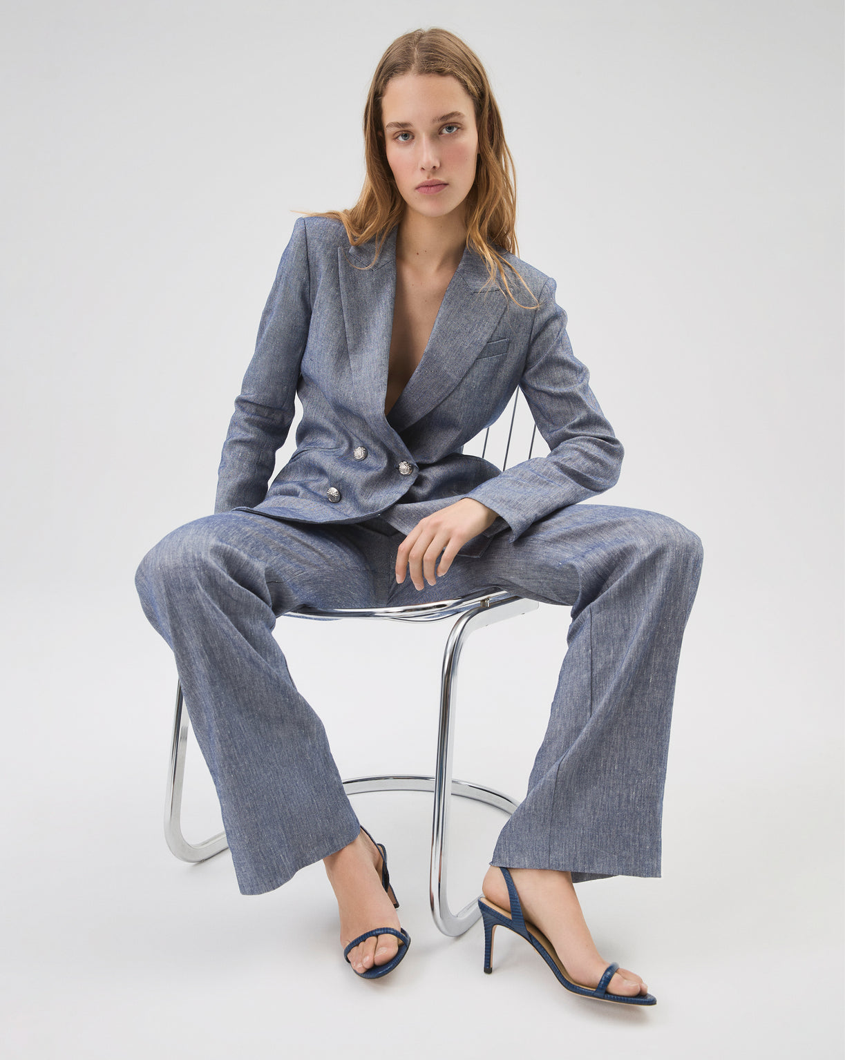 Jude Wide-leg Linen Pant in Dusty Blue Melagnge| Veronica Beard