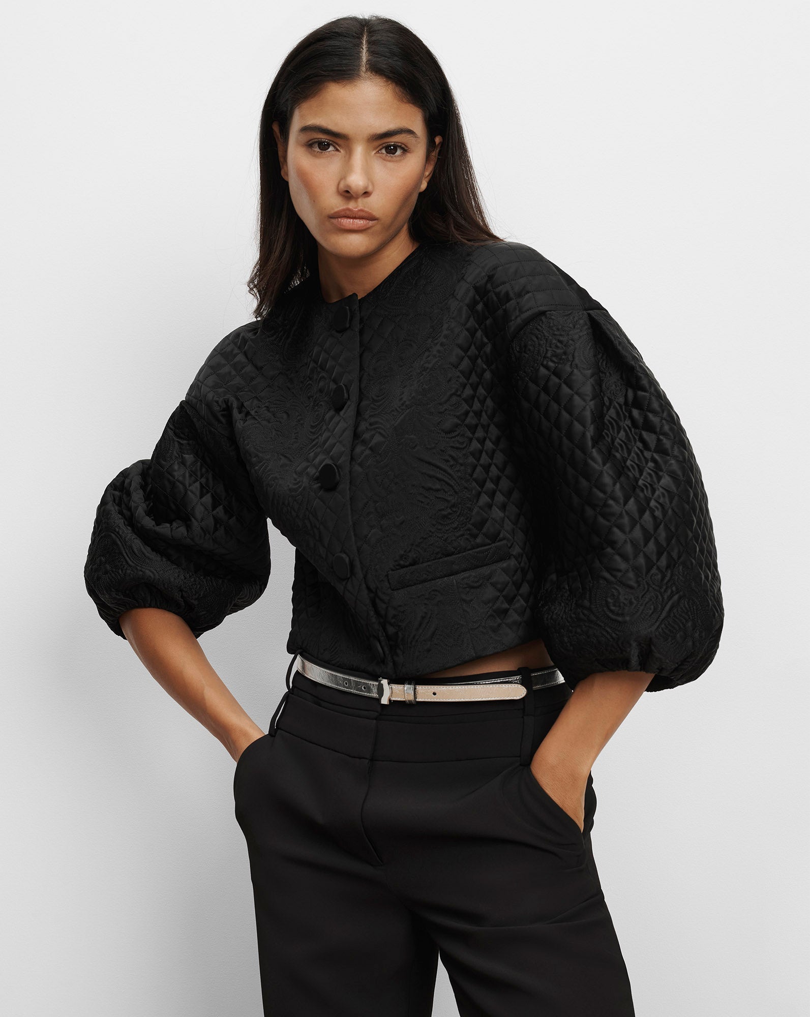 Drake Quilted Cropped Jacket in Black | Veronica Beard