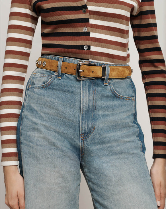 Arch Suede Crystal Embellished Belt in Brown Suede Acorn | Veronica Beard
